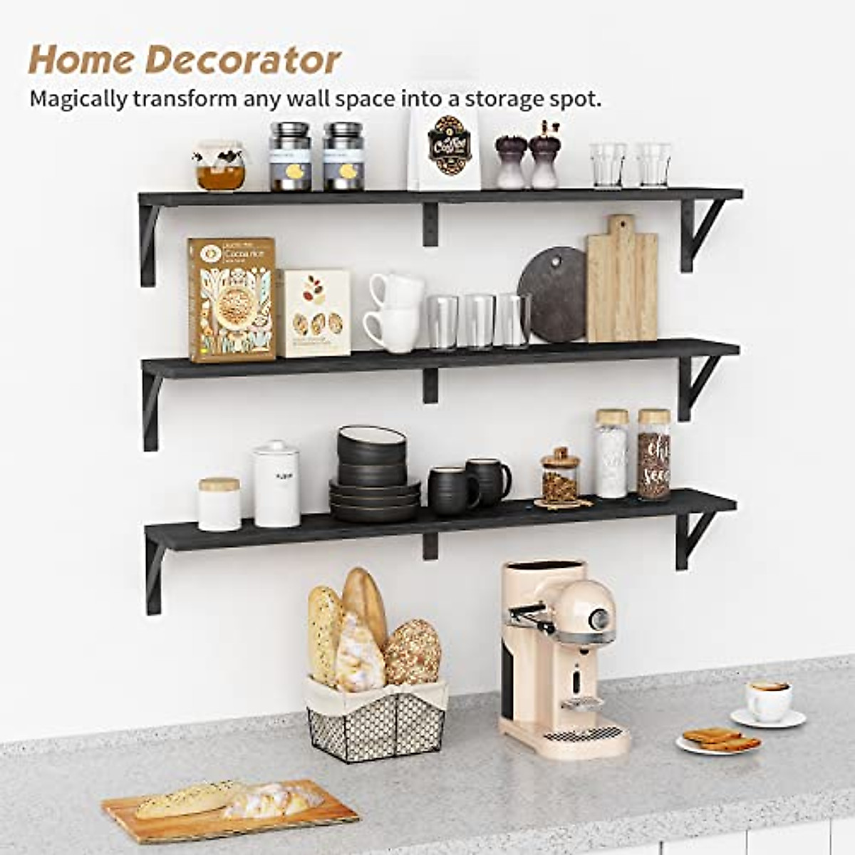 Forbena Floating Shelves 36 Inches Long 8 in Deep Set of 3, Large Wall Shelf for Bedroom Books, Heavy Duty Wide Wall Shelving for Closet Organizers and Storage, Living Laundry Room, Library (Black)