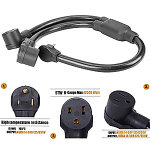 YYCKE Welder 50A Splitter, Industrial Male Plug NEMA 6-50P to (2) 6-50R Female Connectors, NEMA 6-50 Splitter Cord Y Adapter 3 feet