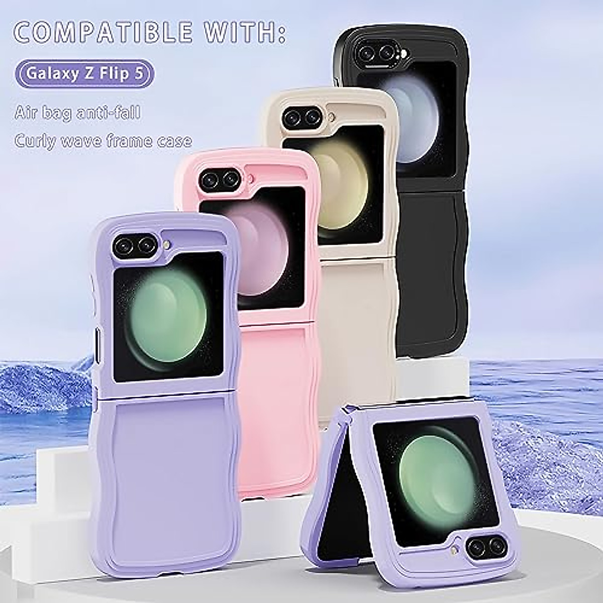 Eiavike Phone Case for Samsung Galaxy Z Flip 5 2023, Soft Silicone Solid Color Curly Wave Frame [with Non-Slip Hinge] Shockproof Protective Cover for Galaxy Z Flip 5 5G - Cream White