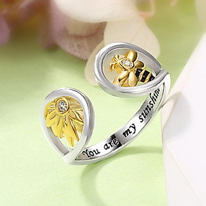 WOUOVO Sunflower Bee Rings for Women - 925 Sterling Silver Adjustable Ring You are My Sunshine Ring Chrismas Mother's Day Birthday Jewery Gift for Teen Girls MOM