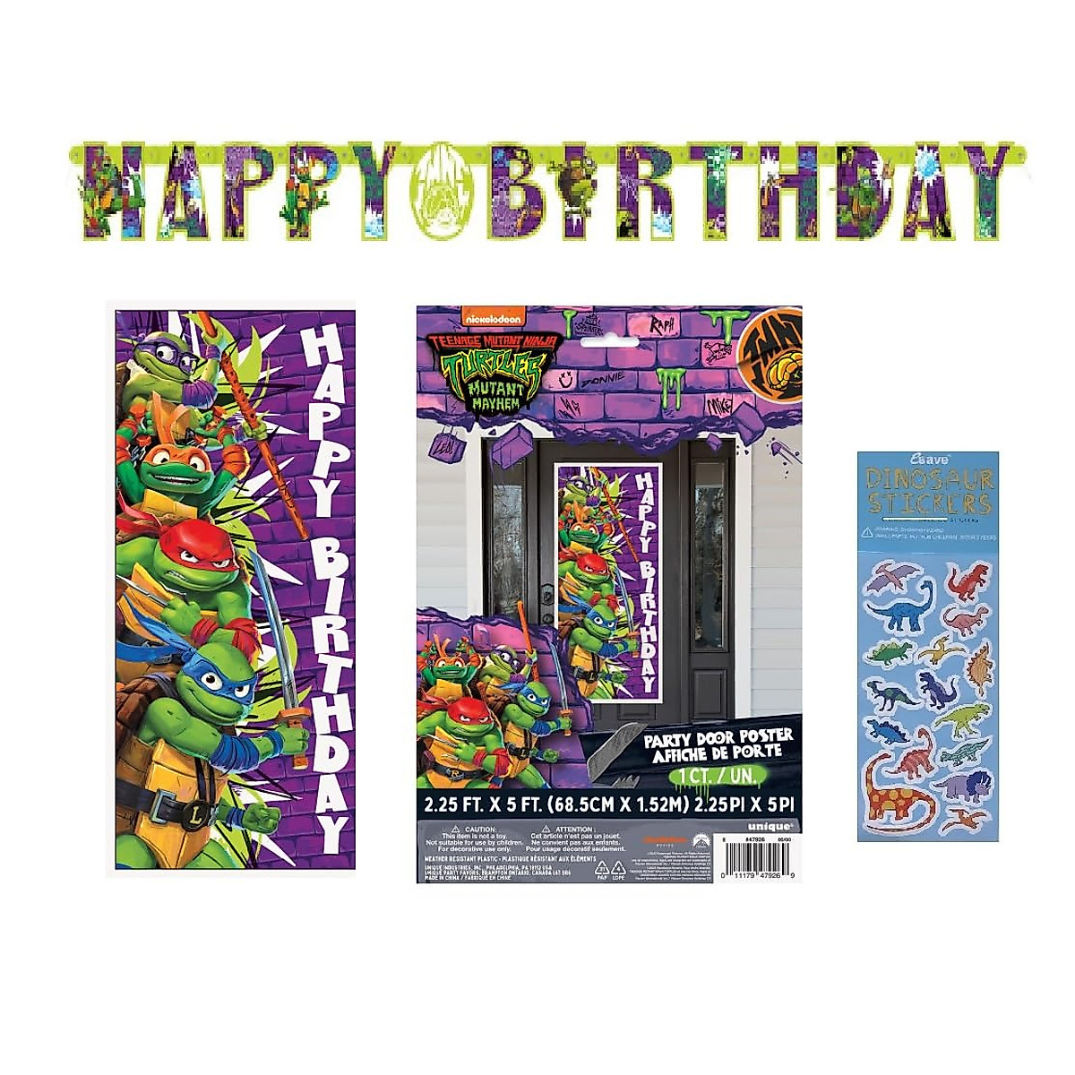 TMNT Teenage Mutant Ninja Turtles Birthday Party Supplies Bundle includes 1 Party Door Poster, 1 Happy Birthday Banner, 1 Dinosaur Sticker Sheet