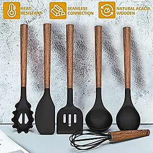 Silicone Cooking Utensil Set, Umite Chef 8-Piece Kitchen Utensils Set with Natural Acacia Wooden Handles,Food-Grade Silicone Heads-Silicone Kitchen Gadgets Set for Nonstick Cookware- Black