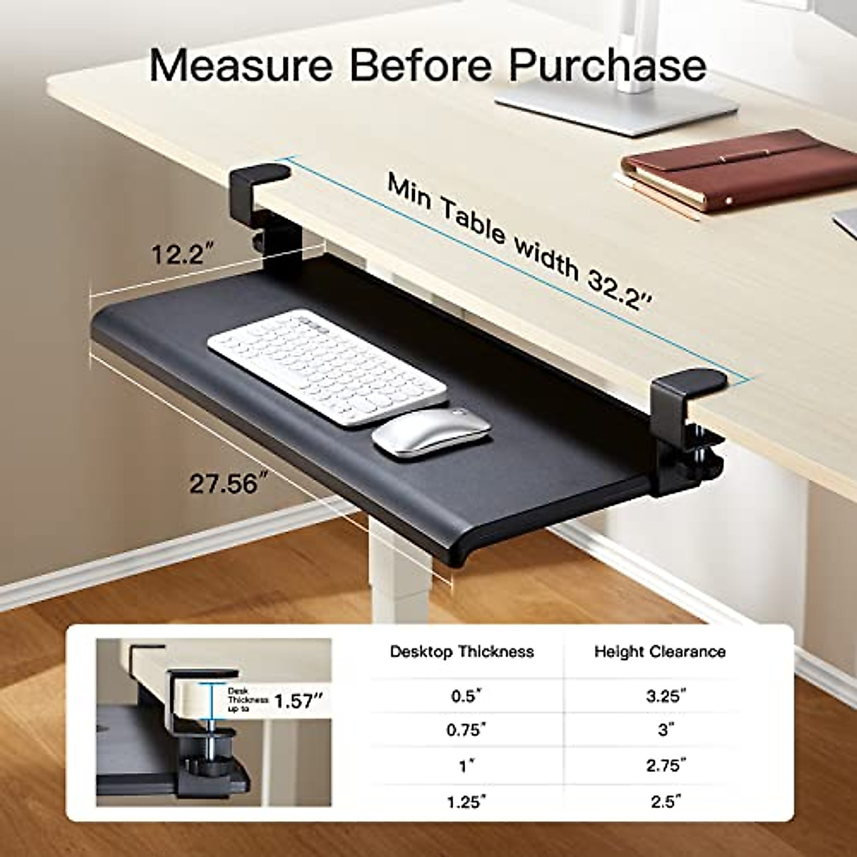 HUANUO Keyboard Tray Under Desk with C Clamp-Large Size, Steady Slide Keyboard Stand, No Screw into Desk, Perfect for Home or Office