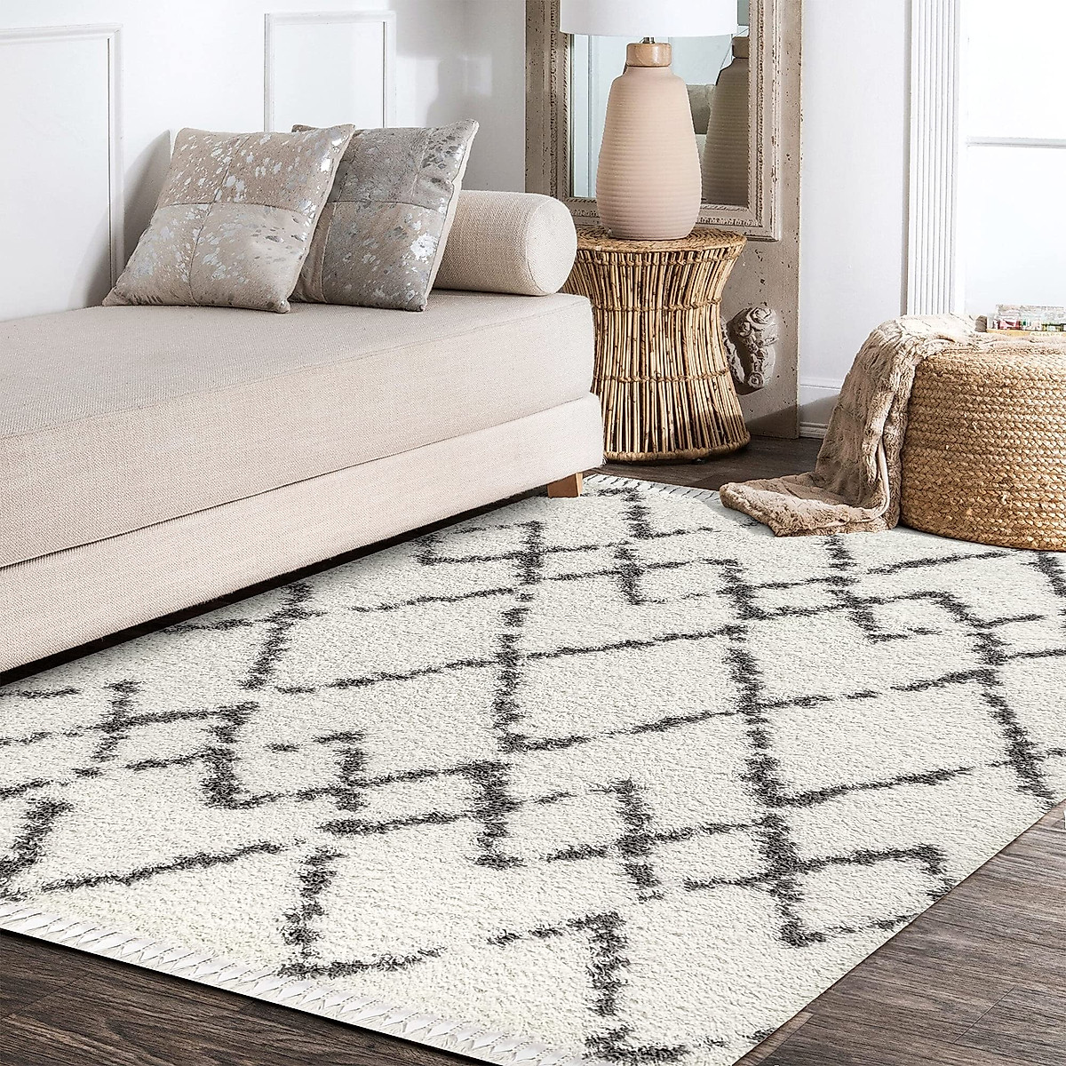 JONATHAN Y MCR102B-8 Mercer Shag Plush Tassel Moroccan Tribal Trellis Geometric Indoor Area-Rug Bohemian Contemporary Easy-Cleaning Bedroom Kitchen Living Room, 8 X 10, Cream/Grey