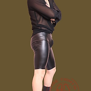 leesuo Men's Sexy Synthetic Latex Oil Shiny Faux PU Leather Pants Shorts Black