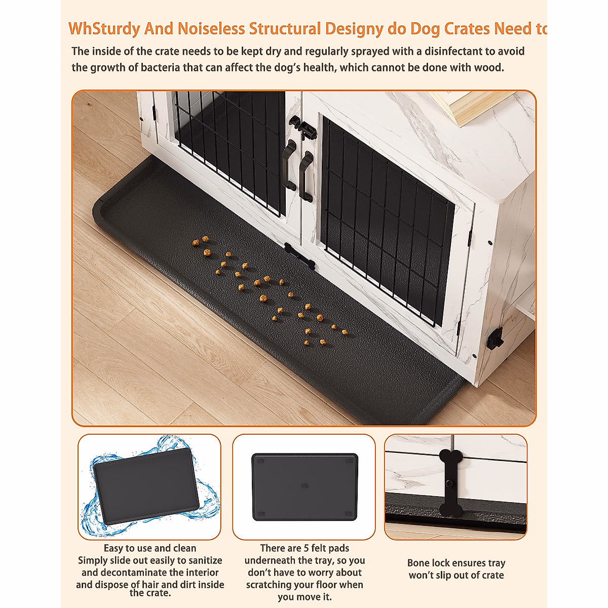 Piskyet Wooden Dog Crate Furniture with 360°Rotatable Removable Dog Bowls, Dog Crate End Table with Tray, Double Doors Dog Kennels forDogs(L:37.7" L*25.1" W*26.1" H, Marble White)