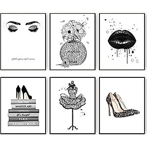 SIKYUCOR Glam Silver Gray Fashion Wall Decor Girls Room Decor Wall Art Prints Mini Skirt, Perfume Bottle, Book, High Heels, Lips Glitter Posters Prints Bedroom Decor (8"x10" UNFRAMED)