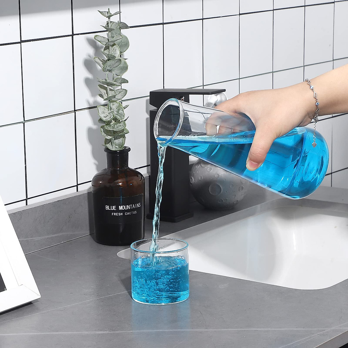 Clear Bedside Water Carafe Set 17.5 oz Night Water Carafe with Glass Bedside Carafe with Cup Nightstand Water Carafe Water Pitcher Carafe Mouthwash Decanter with Tumbler for Bedroom Table (1 Pack)