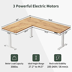 FEZIBO 75 Inch L Shaped Standing Desk with File Cabinet, Rustic Brown