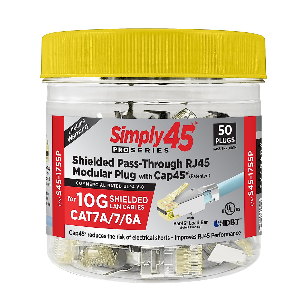 Simply45 ProSeries Pass-Through RJ45 Mod Plug - Shielded External Ground for 23AWG Solid, FPE Insulated 10G STP LAN Cables (Cat7a/7/6a) - Yellow, 50-Piece Jar - S45-1755P