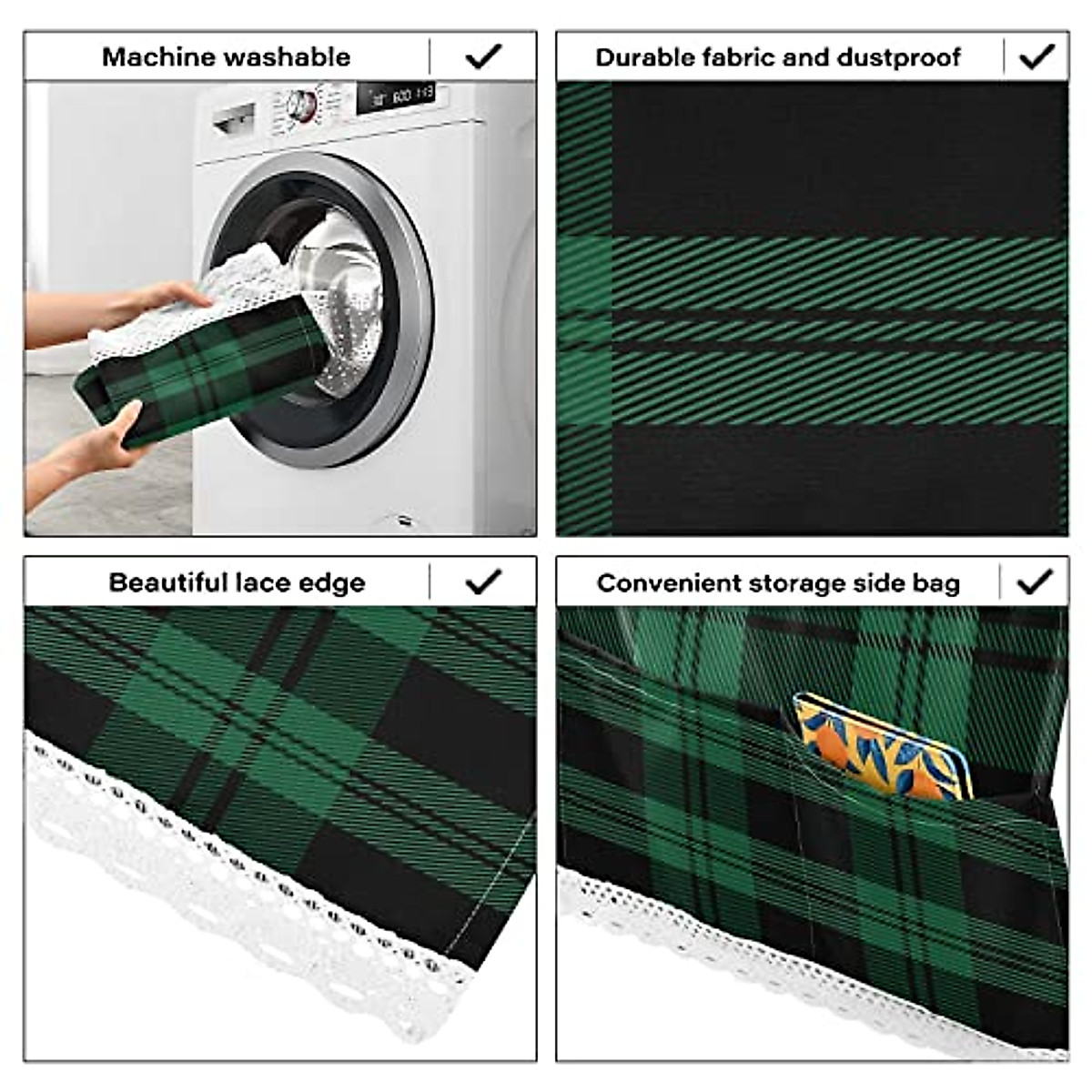 Kigai Green Plaid Buffalo Washing Machine Cover, Top Load Washer Dryer Fabric Cover with Storage Bags for Home Appliances Dust Proof Covers for Refrigerator Oven