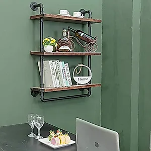 BIXIRAO Industrial Wall Mounted Iron Floating Pipe Shelves/Shelving/Racks/Storage/Bookcases/Brackets, DIY Open Bookshelves/Shelving for Kitchen/Office, Retro Black (3-Tier Floating Shelves)