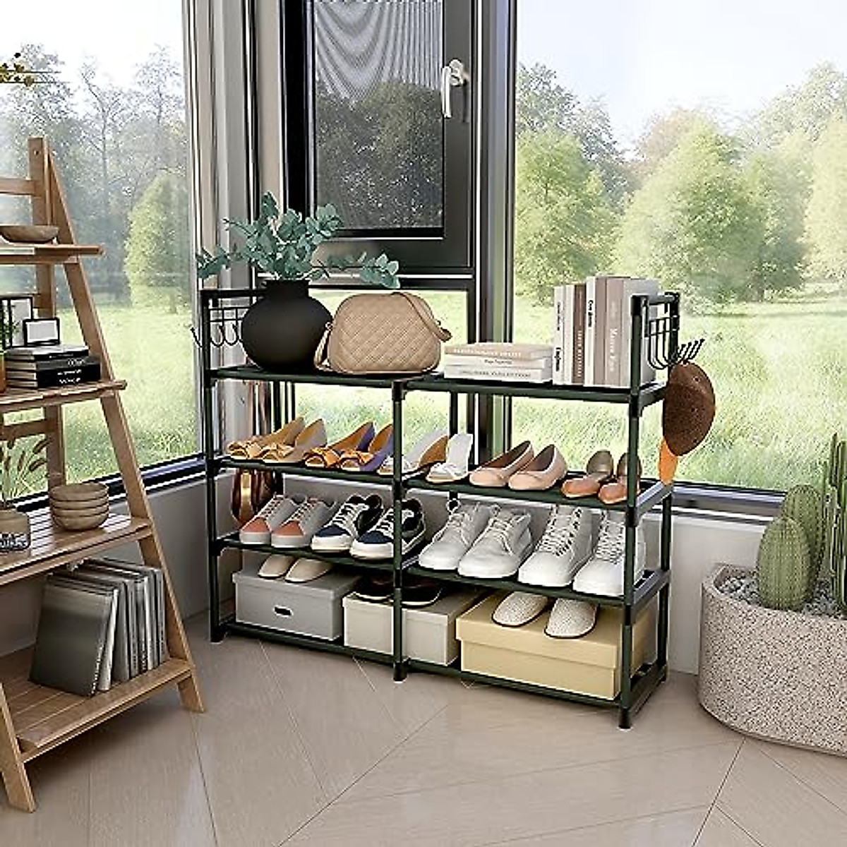 MOCINE 4-Tier Shoe Rack, Black Metal Shoe Racks, Stackable Shoe Shelf with Multifunctional Hooks, Hold 20 Pairs, Space saving shoe rack, Shoes rack for closet,