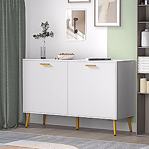 Homsee Mid Century Modern Sideboard Kitchen Buffet Cabinet with 2 Doors & 4 Storage Compartments, Wood Cupboard Console Table, TV Stand with Gold Metal Legs for Living Room, Dining Room, White