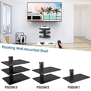 PERLESMITH Floating Wall Mounted Shelf AV Mount Shelf - Holds up to 16.5lbs - DVD DVR Component Shelf with Strengthened Tempered Glass - Perfect for DVD Players, TV Box and Cable Box, PSDSK3
