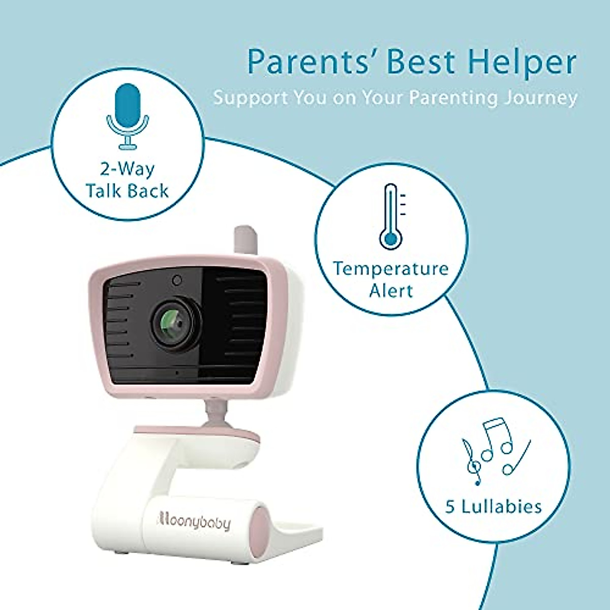 Moonybaby Trust 50s Baby Monitor No WiFi, 15 Hours Long Battery Life, 1000ft Long Range, 5" Display, Auto Night Vision, 2-Way Audio, Temperature Sensor, Lullabies, Power Saving/Voice Activation, Pink