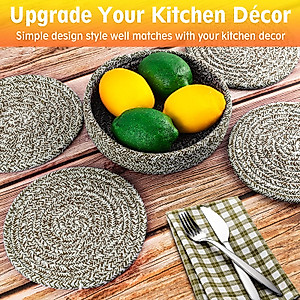 Pot Holders Trivets Set, 4 Pcs 7 Inch 100% Cotton Thread Weave Pot Holders & 1 Pack Kitchen Woven Storage Basket, Heat Resistant Potholders Woven Trivet Placemats for Hot Dishes Plates, Brown