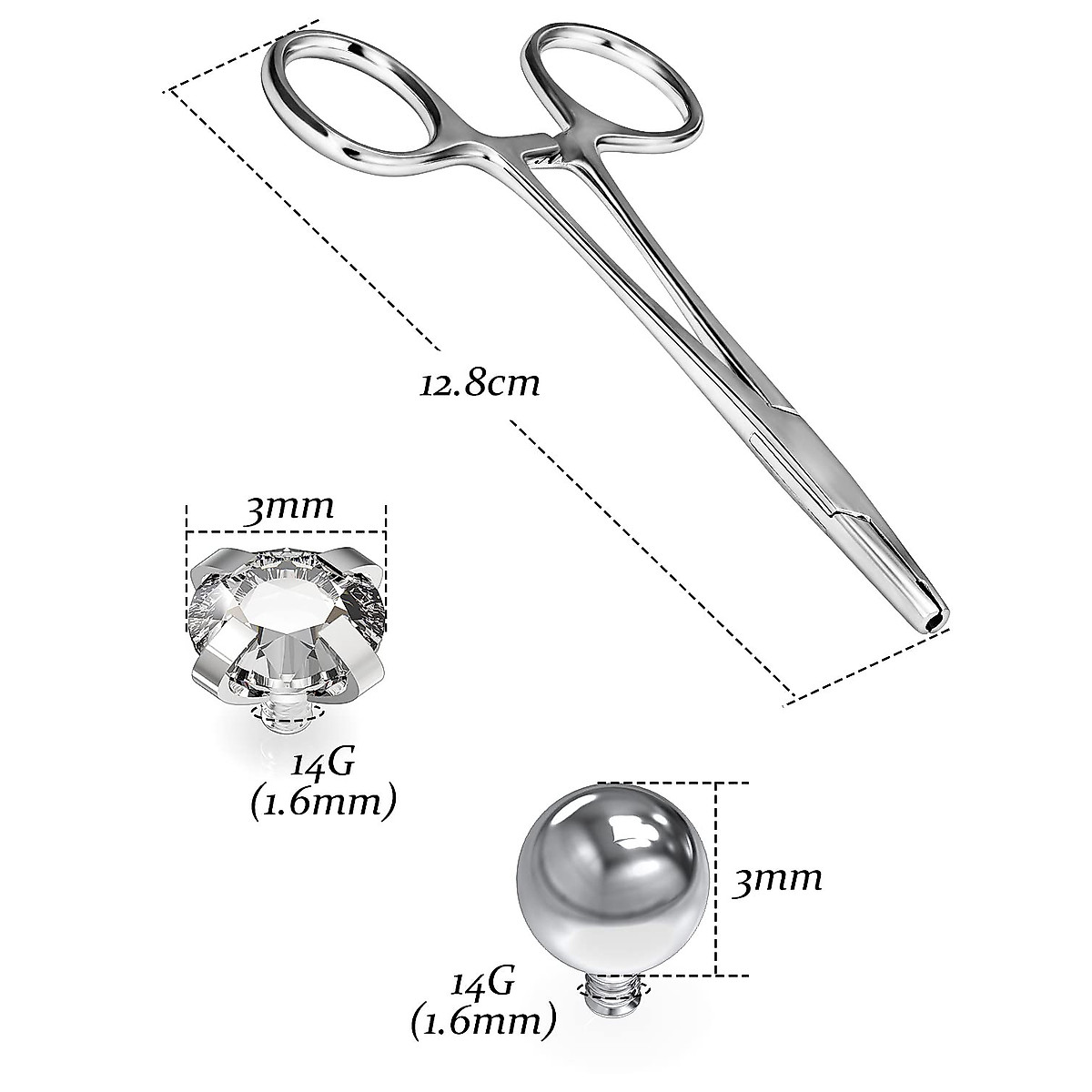 Vsnnsns 316L Surgical Stainless Steel 3MM Dermal Anchor Piercing Clamps Forceps Pliers with 3mm Internally Threaded G23 Solid Titanium Ball CZ Dermal Anchor Piercing Jewelry Kit Tools