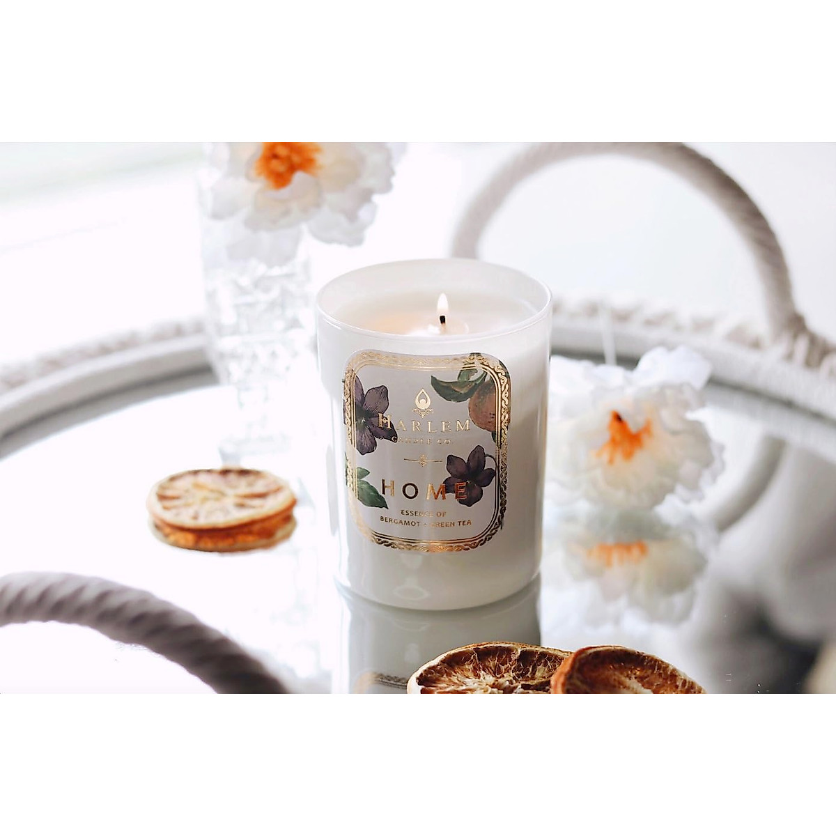 Harlem Candle Company Home Luxury Candle, 11 oz White Glass Jar, Double Wick, Soy Wax, Gift Box, Bergamot, Jasmine, Sandalwood, Mandarin Orange and Green Tea Leaves,80 Hour Burn