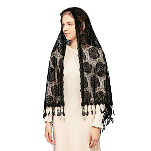 Wgior Rose Rectangular Chapel Veil Scarf Catholic Church Veils Mantilla Wrap Shawl Mass Head Covering (Black)