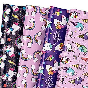 WRAPAHOLIC Birthday Wrapping Paper Sheet - 12 Sheets Unicorn Rainbow Adorable Cat Folded Flat with 12 Gift Tags for Party, Baby Shower - 19.7 Inch X 27.5 Inch Per Sheet