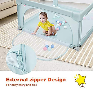 Costzon Baby Playpen, Extra Large Playard for Babies w/ 50 Ocean Balls, Infant Safety Gates with & Anti-Slip Suckers, Children's Fences with Breathable Mesh Walls, Toddler Play Yard (Blue)