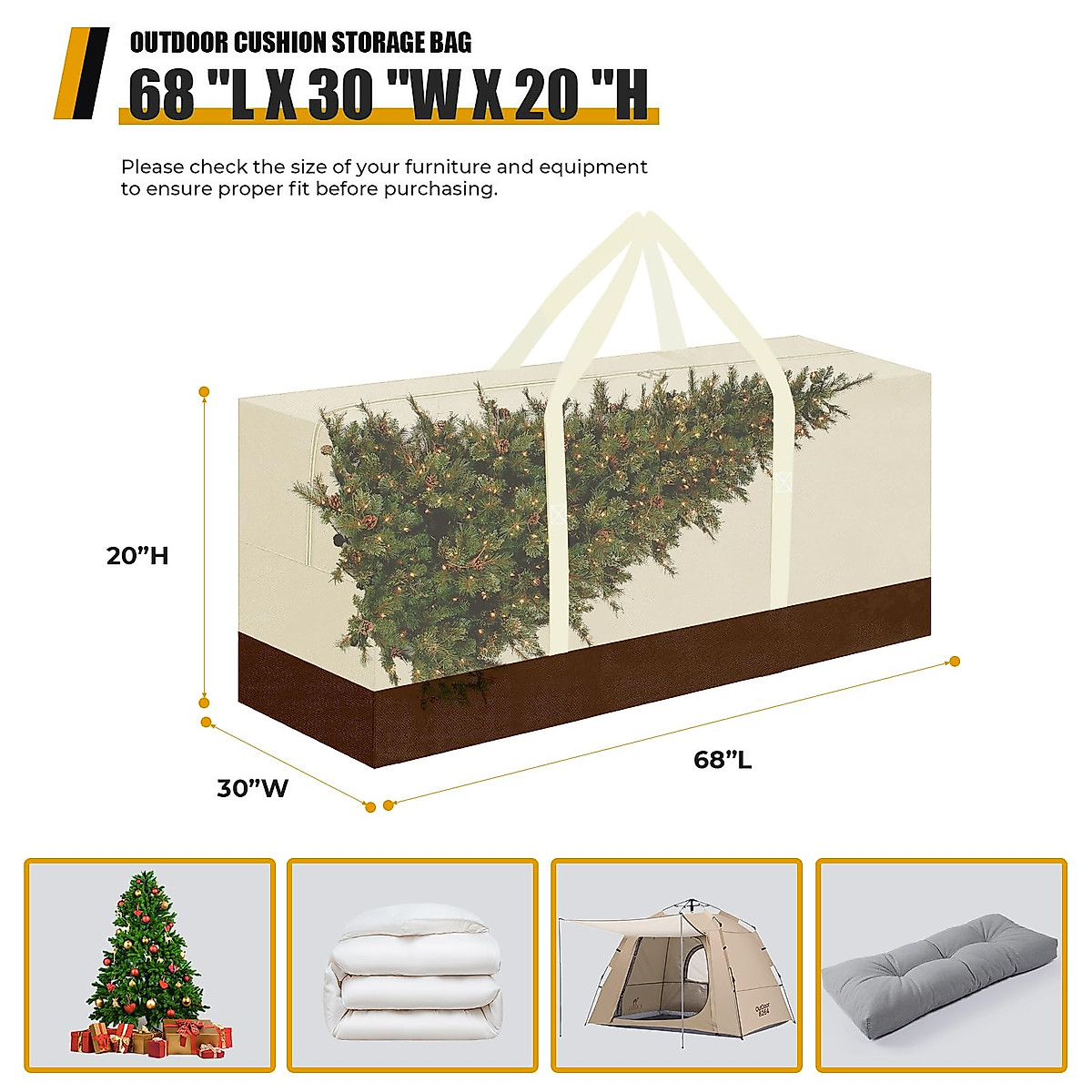 skyfiree Cushion Storage Bag 420D Waterproof Outdoor Cushion Storage Bag 68" L x 30" W x 20" H Large Patio Cushion Storage Bag for Outdoor Cushions with Handle and Zipper, Beige&Coffee