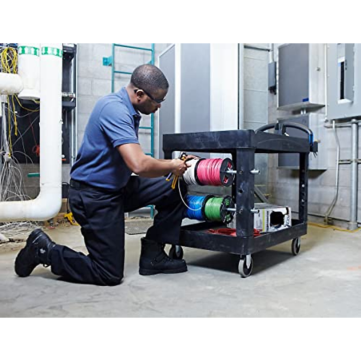 Rubbermaid Commercial Products Heavy-Duty 2-Shelf Rolling Utility Cart with Ergonomic Handle, Lipped Shelves, Large, Black Perfect for Office, Classroom or Home Use (FG454600BLA)