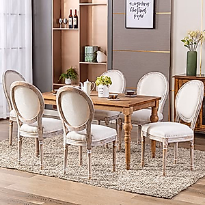 COLAMY French Country Dining Chairs Set of 4, Upholstered Farmhouse Dining Room Chairs with Round Back, Solid Wood Legs, Accent Side Chairs for Kitchen/Living Room/Bedroom- Beige