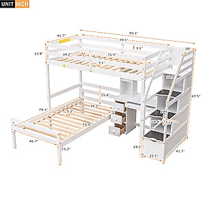 BIADNBZ Twin Over Twin Bunk Bed with Desk, Stairs, Storage Drawers and Shelves, Wood L-Shaped Bunkbed with Convertible Design, for Kids Teens Bedroom, White
