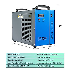 OMTech 6L Industrial Water Chiller 0.9hp 2.6gpm Water Cooling System CW-5200 Water Cooler for 60W 70W 80W 90W 100W 120W 130W 150W CO2 Laser Engraving & Cutting Machines, Cools 5200 BTU/Hour