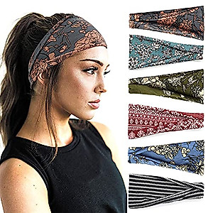 YONUF Boho Headbands For Women Fashion Wide Headband Yoga Workout Head Bands Hair Accessories Band 6 Pack