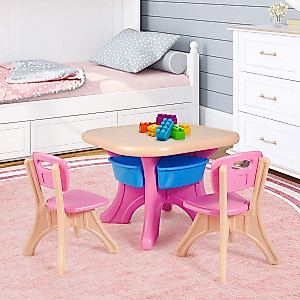 HONEY JOY Kids Table and Chair Set, Plastic Children Activity Table and 2 Chair Set w/Storage Bins, 3 Piece Child Furniture Set for Daycare Playroom, Toddler Table and Chair Set for Boys Girls(Pink)