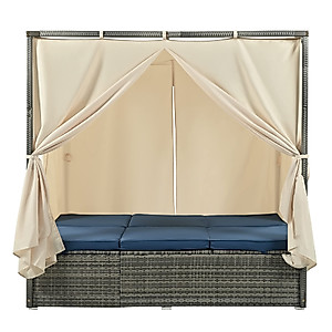 Merax Outdoor Patio Wicker Sun Bed with Canopy, Overhead Curtains, Cushions, Lounge Charis with Adjustable Seats, Blue
