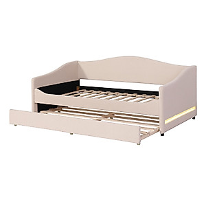 Merax Upholstered Daybed, Twin Size Teddy Fleece Sofa Bed with Trundle & LED Lights for Bedroom, Wood Slat Support, No Box Spring Needed, Easy Assembly, Beige