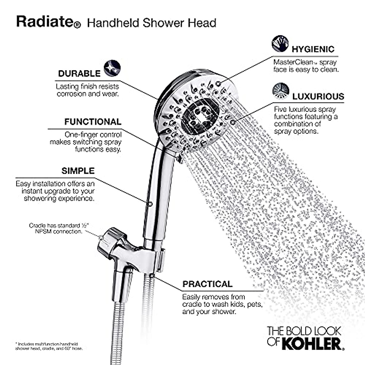 Kohler Handshower, Radiate, 1.75 GPM, Multifunction Handshower, 5-spray handshower, Polished Chrome, Includes Handshower Hose, K-R75562-G-CP