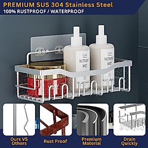 Rustproof Adhesive Shower Caddy Hanging - ASA STORES Silver 5-Pack No Drill Bathroom Organizer With 20 Hooks, Soap Holder,4 Snap Hooks-Stainless Steel Wall Mounted Storage For Kitchen & Home Decor