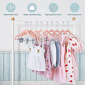 IEOKE Baby Velvet Hangers with Clips, 20 Pack Kids Hangers Non Slip Pants Hangers for Kids Skirt Pants and Baby Clothes Coat Ultra Thin Space Saving Felt Hangers with Adjustable Clips(20, Pink)
