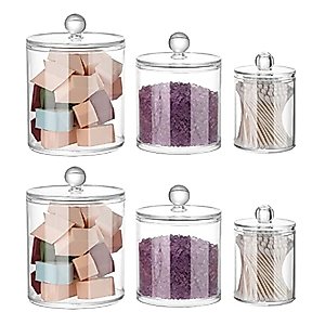 YOUEON 6 Pack Apothecary Jars with Lids, Qtip Holder Dispenser with Lid, 8/18/28 Oz Clear Cotton Ball Holder, Cotton Pad Holder, Bathroom Canister for Cotton Swab, Cotton Pads, Cotton Ball, Makeup