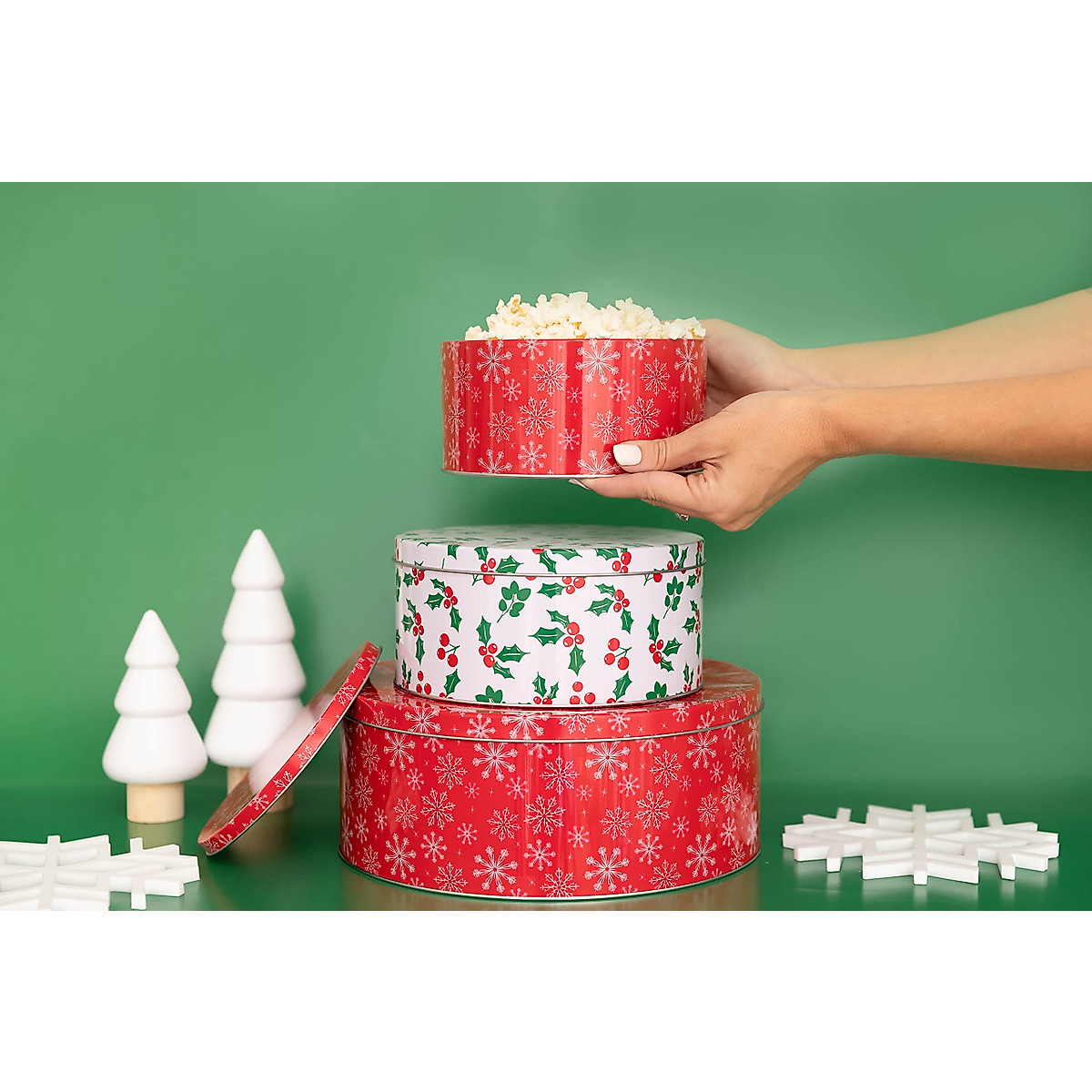Steel Mill & Co Tin Containers with Lids, 3 Pack Christmas Cookie Tins, Festive Cookie Tins for Gift Giving & Holiday Treats, Round Metal Nesting Containers, Large Medium Small, Snowflake & Holly