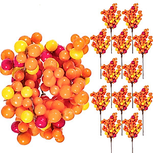 Whaline Autumn Orange Berry Twig Stem, 12 Pack Artificial Orange Berry Picks for Fall Decor, Christmas Tree Decorations, Crafts, Wedding, Holiday Home Decoration