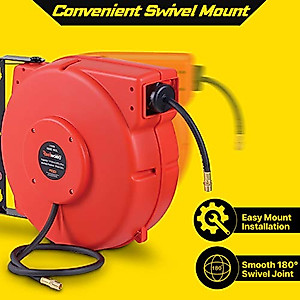 ReelWorksAir Hose Reel Retractable 1/4" Inch x 65’ Foot Hybrid Polymer Hose, Max 300 Psi Compressor Water Plastic Spring Driven Swivel Bracket Polypropylene Case Construction Industrial