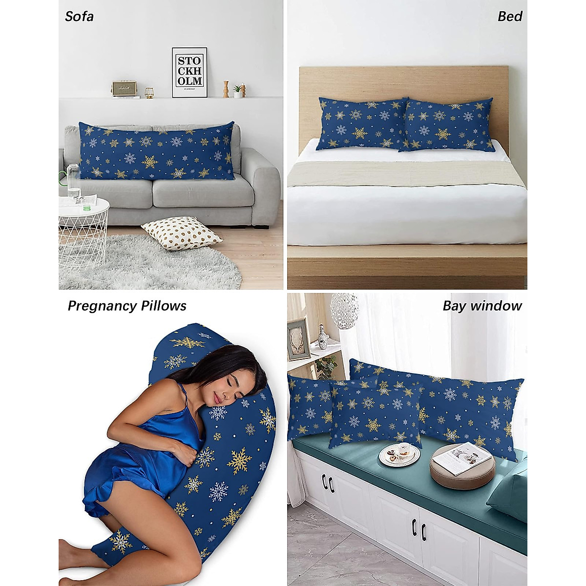 Edwiinsa Navy Gold Snowflake Pillow Covers King Standard Set of 2 Bed Pillow, Plush Soft Comfort for Hair/Skin Cooling Pillowcases with Envelop Closure 20x36 Inches Christmas Minimalist White Blue