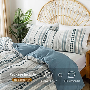 La Sheer Washed Cotton King Size Duvet Cover Set - Tufted Dots Boho Chic Bedding for All Seasons, Striped Pom Pom Bedding Linen Like Textured Breathable Durable Soft Comfy (Blue, 104x90'')