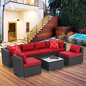 YIORTWO 7 Pieces Patio Furniture Set Conversation Furniture Sets, Outdoor Wicker Patio Sectional Furniture with Waterproof Cushions and Coffee Table for Backyard Lawn Garden Porch Poolside, Red