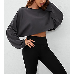 Meladyan Women Long Sleeve Crewneck Crop Top Tee Shirt Sweatshirt Casual Solid Loose Fit Workout Cropped Pullover Tshirt Dark Grey