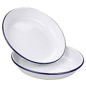 Webake 9.5 Inch Enamel Plates, 2 Pack Salad Pasta Bowls Enamelware Dinner Plates White Body with Blue Rim, Serving Trays for Dinner, Outdoor, Picnic, BBQ, Butter