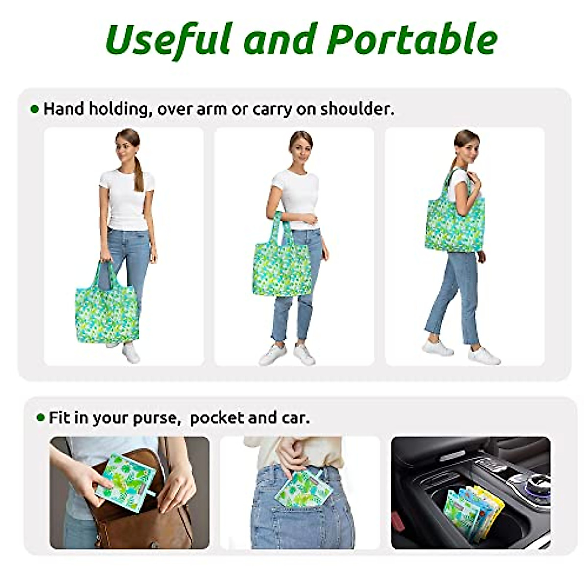 Feveqher 4 pack Reusable Grocery Bags, Large Capacity with 50LB, Lightweight Foldable Bags with Stylish and Cute Pattern in Ripstop Fabric
