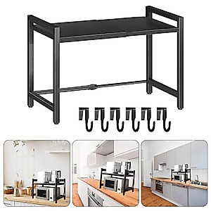 MOMOJIA Versatile Microwave Stand with Expandable Designs Kitchen Counter Organizers with Hooks Carbon Steel Constructions