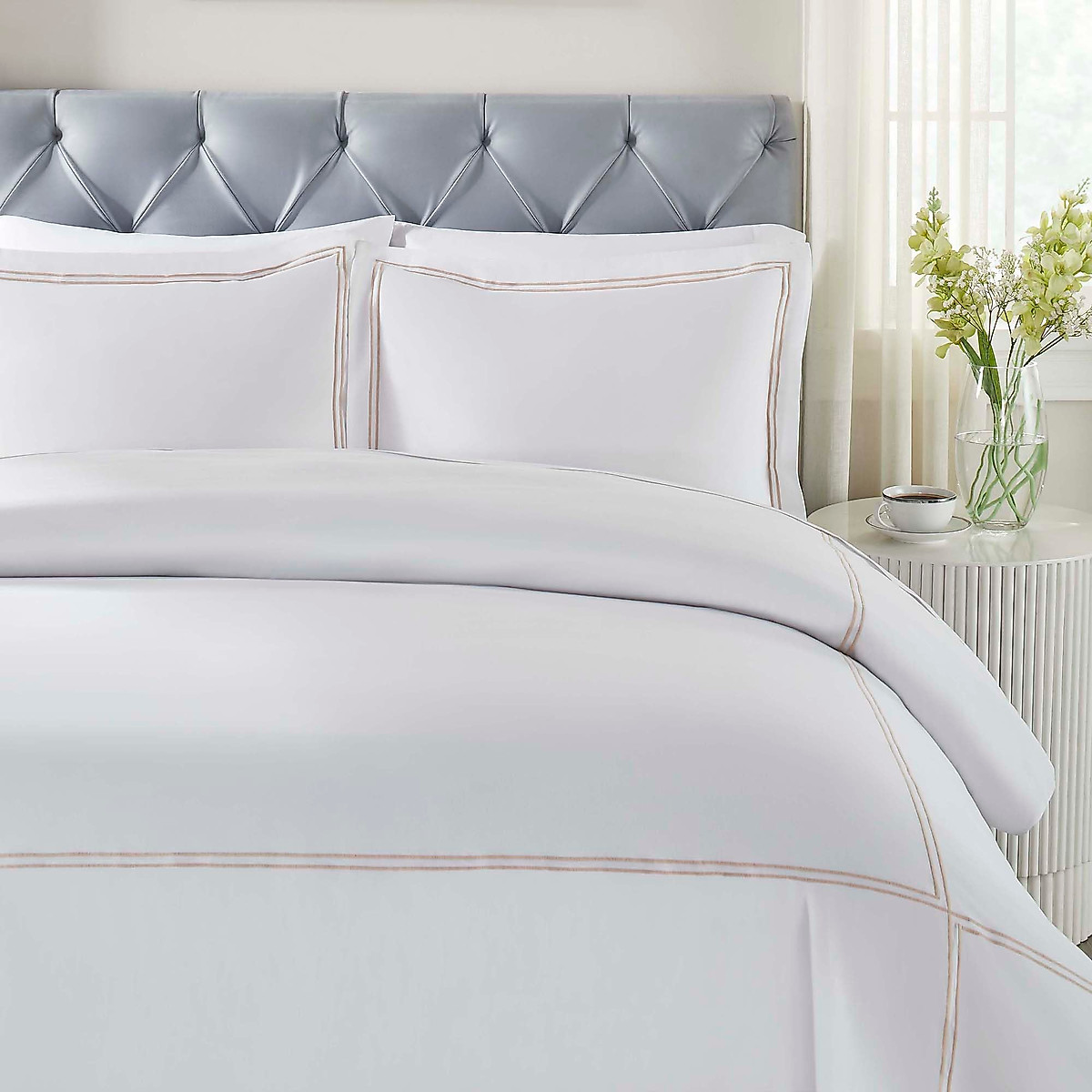 SUPERIOR Embroidered Cotton Duvet Cover Set, Soft Bedding Covers, 1 Duvet Cover with Button Closure, 2 Pillow Shams, Two-Line Design, Spring Blooms Collection, King/California King, White-Taupe